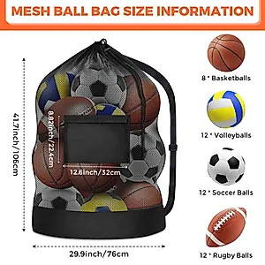 Extra Large Sports Ball Bag, Mesh Soccer Team Balls Bag, Drawstring Sport Equipment Storage Bag for Basketball, Beach Cloth and Swimming Gears with Adjustable Shoulder Strap & Front Pocket(30” x 40”)