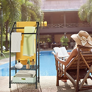 FUTASSI 3 Tiers Free-Standing Towel Rack, 51.2" Portable and Adjustable Metal Bathroom Storage Organizer, Lightweight Bath Towel Standing Shelf for Swimming Pool, 51.2”H x 16.1”W x 11.8”D, Black