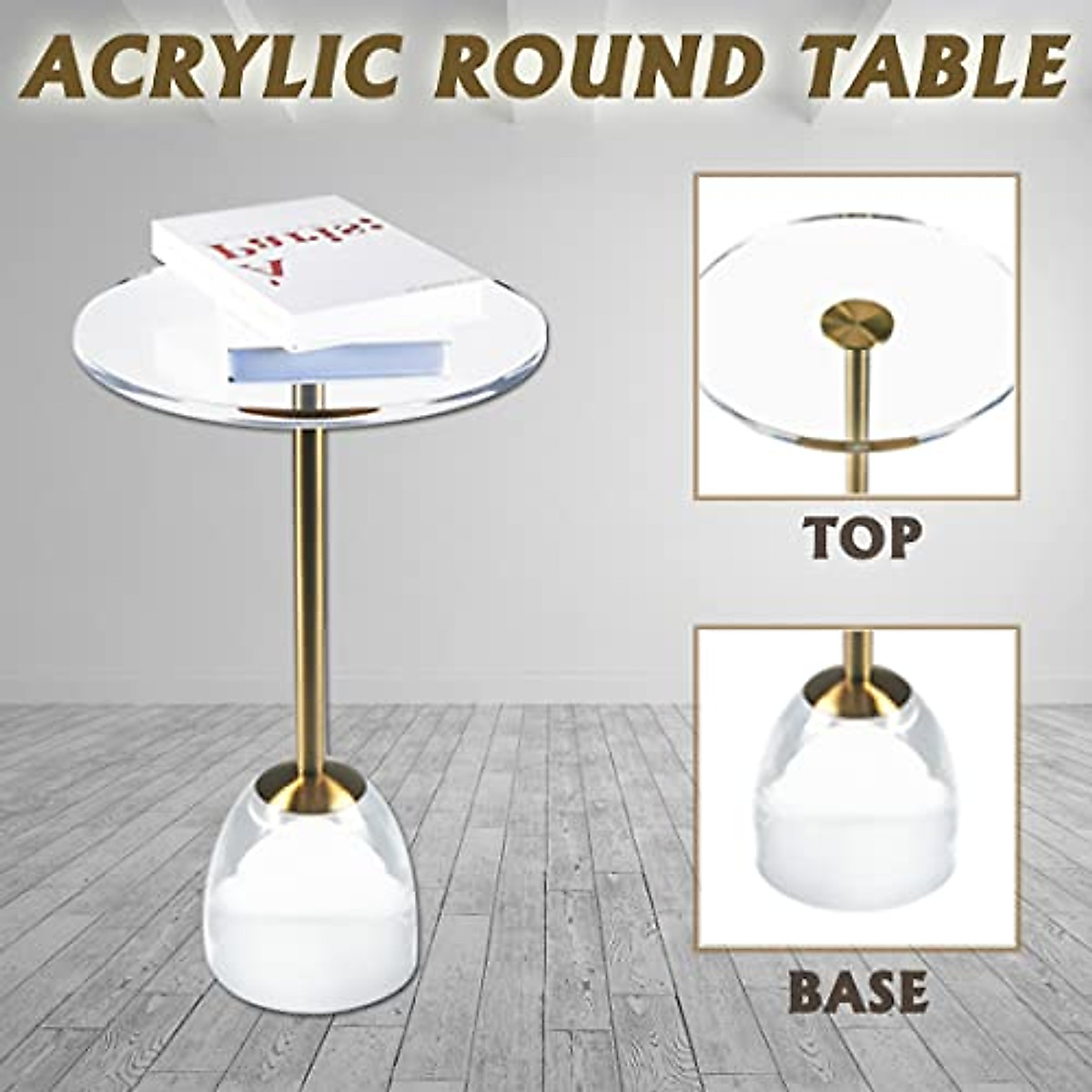 TPZLRN Acrylic End Table, Acrylic Side Table,Clear Round Side Table with Brass-Colored Metal Support Rod for Office Living Room Bedroom, Easy Assembly