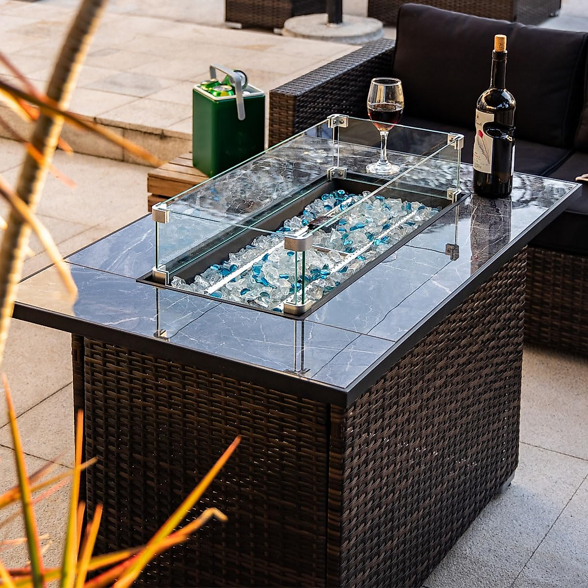 Senjoys 44in Outdoor Propane Gas Fire Pit Table, 50,000 BTU Auto-Ignition Gas Firepit with Glass Wind Guard, Marble Tile Tabletop, Mixed Color Glass Rocks, Brown PE Rattan