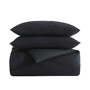 Vera Wang- King Duvet Cover Set, Reversible Cotton Bedding Set with Matching Shams, Designer Home Décor (Waffle Pique Black, King)