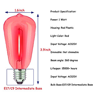 LRSUEYSKIN E17 LED Bulb Red ST40 Replacement Bulb 1W Shatterproof Plastic Colored Light Bulb Waterproof C9/E17 Screw Base ST40 String Light Replacement Bulb for Patio Yard Party Wedding, 15 Pack(Red)