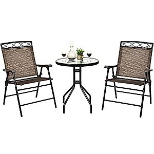 LIRUXUN 3 PCS Bistro Conversation Patio Pub Dining Set W/ 2 Folding Chairs & Glass Table Round Table