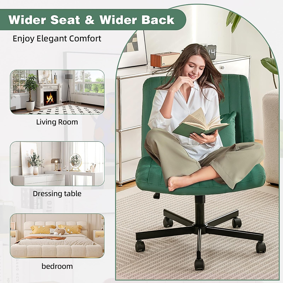 Criss Cross Chair, Office Chair Cross Legged with Wheels, Armless Office Chair, Velvet Desk Chairs with Wheels for Home Office, Meditation, Makeup (Velvet Green)