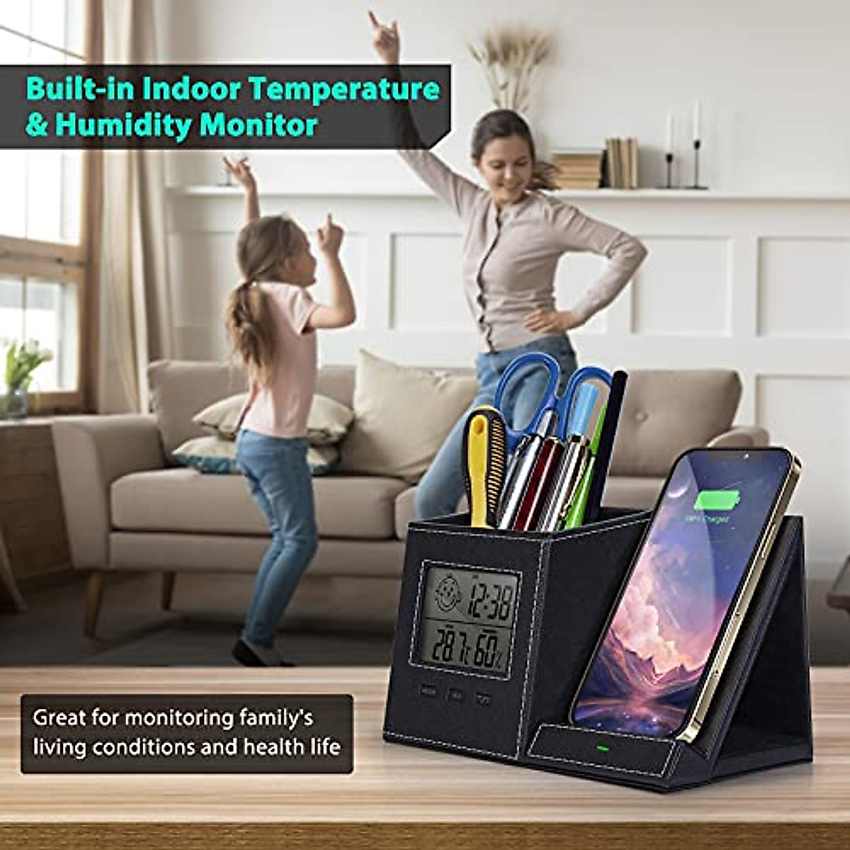 Pen Holder, Pen Organizer for Desk with Wireless Charger, Digital Indoor Thermometer and Humidity Gauge, Desk Organizers and Storage, Multifunctional Home Office Organizers for Desk (Battery Included)