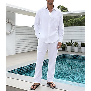 YAOGRO Men's Linen Sets Outfits: 3 Piece Beach Button Down Shirts Casual Loose Pants Short Sleeve Walking Suits