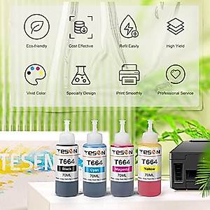 TESEN Compatible 664 XL Refill Ink Bottle Replacement for Epson 664 XL T664 for Use with Epson EcoTank ET-2500 ET-2550 Workfoce ET-4500 L485 L350 Printer T664120 T664220 T664320 T664420 4-Pack Color