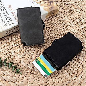 Minimalist Leather Card Holder With RFID Protection Wallet,6 cards in the sliding cover,2 interior slots for 4 cards,cash in its pressure system,0.78 x 2.67 x 3.93,Elegant black gift box (Grey)