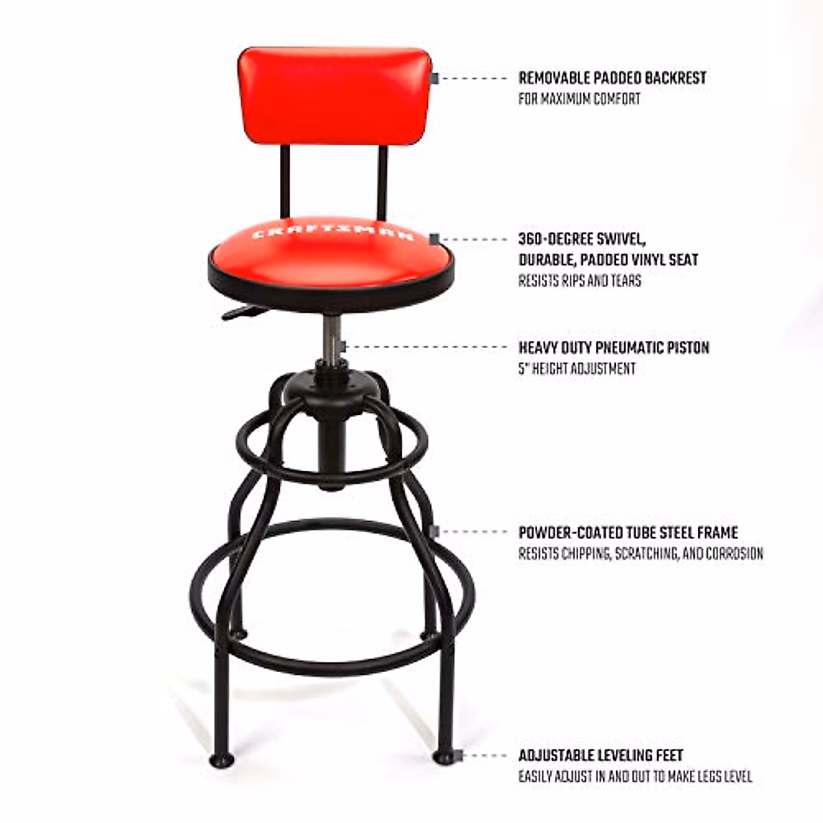 Craftsman Adjustable Height Work Shop Stool, 29 to 34-inches Tall, Rip-Resistant Padded Vinyl Seat, 300-lb Capacity, 360-degree Footrest, Non-Marring Feet
