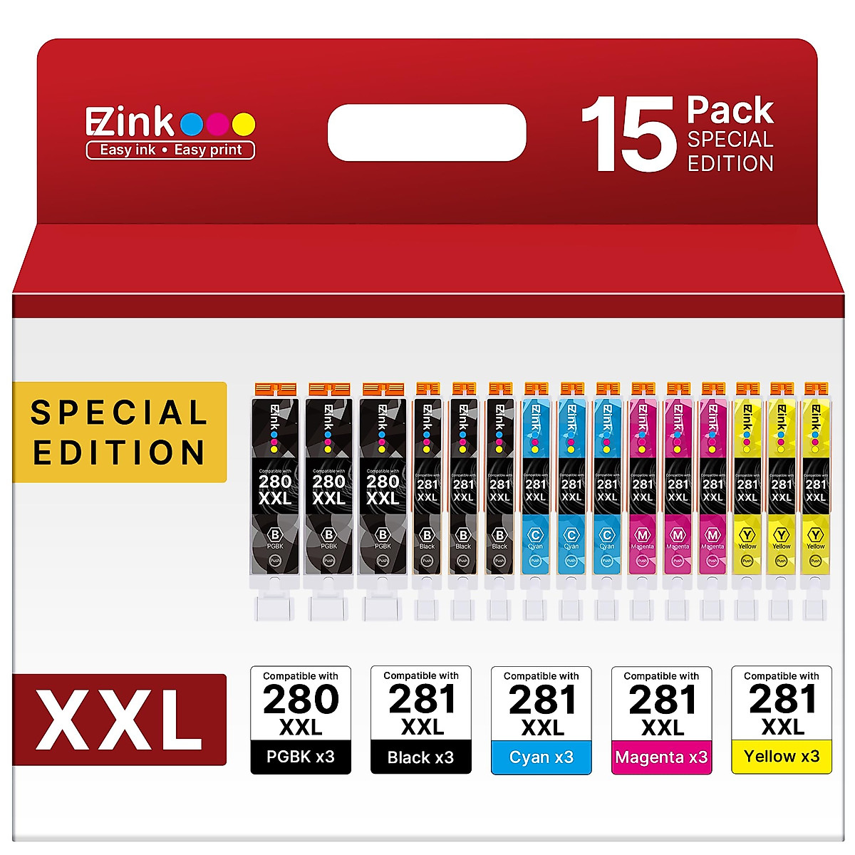 E-Z Ink (TM) Compatible Ink Cartridge Replacement for Canon PGI-280XXL CLI-281XXL to use with PIXMA TR7520 TR8520 TS6120 TS6220 TS6320 TS8120 TS8220 TS9120 TS9520 TS9521C Printer (15 Pack)