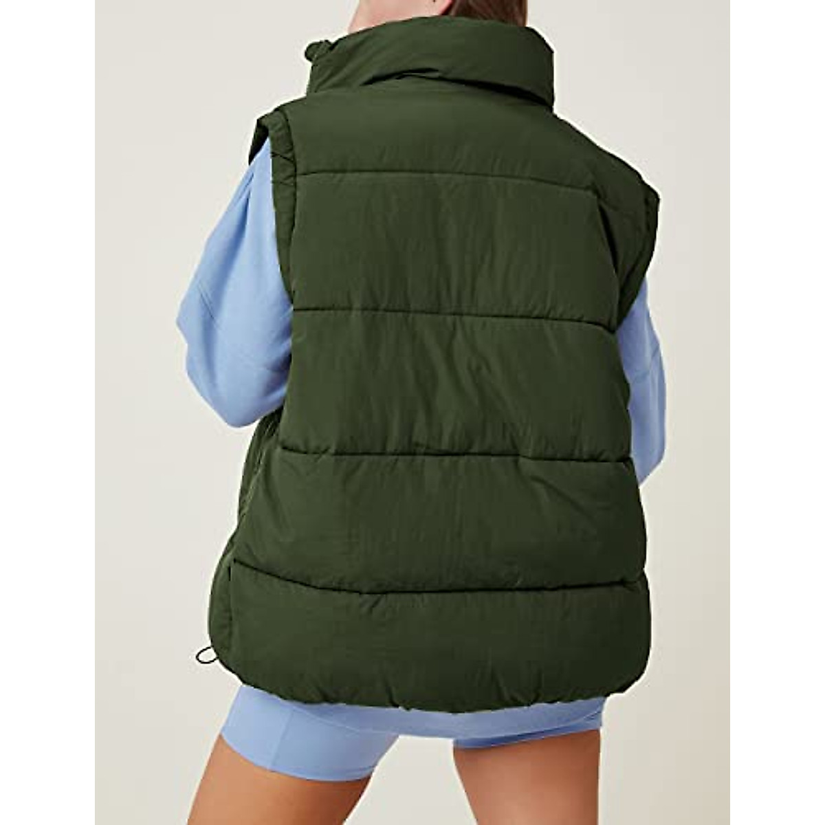 Watashi Women's Quilted Puffer Vest Stand Collar Fall Drawstring Zip Up Sleeveless Gilet Jacket(ArmyGreen-M)