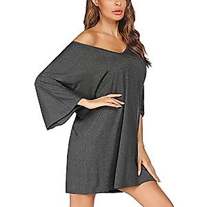 Ekouaer Deep V Neck Sleepshirt Sexy Cotton Nightshirt For Women, Gray, Large