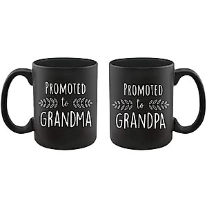Pregnancy Announcement For Grandparents Black Coffee Mugs - Grandma To Be & Grandpa to Be 11 oz Mugs - Pregnancy Reveal Idea For Baby Announcement - Mug Set - Promoted to Grandma & Grandpa