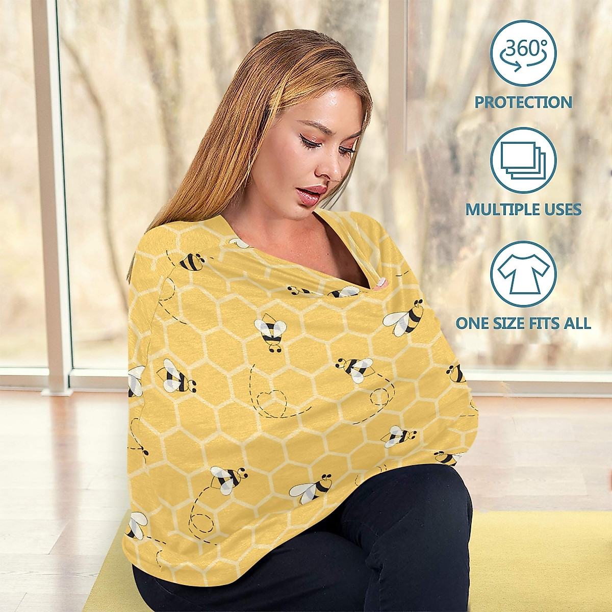 YYZZH Cute Bee On Honey Yellow Honeycomb Pattern Stretchy Baby Car Seat Cover Infant Canopy Nursing Covers Breastfeeding Cover Breathable Windproof Winter Scarf for Boys Girls