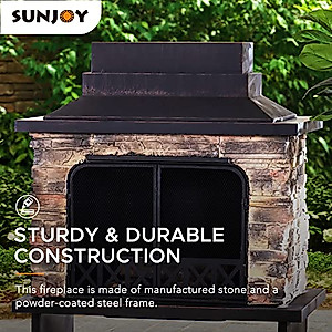Sunjoy Outdoor Fireplace, Heavy Duty Patio Wood Burning Fireplace with Steel Chimney, Mesh Spark Screen Doors, Removable Grate and Fire Poker, Black