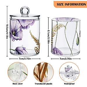 ALAZA 2 Pack Qtip Holder Dispenser for Cotton Ball Watercolor Flowers Purple Poppies Cotton Swab Cotton Round Pads Clear Plastic Acrylic Jar Set Bathroom Canister