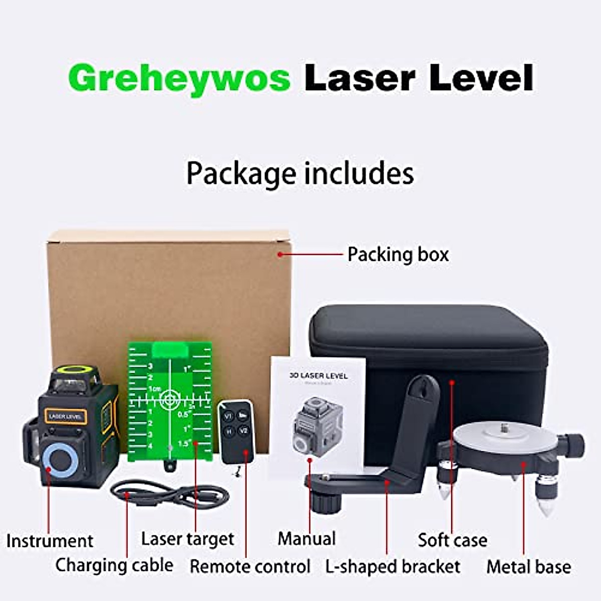 Greheywos Laser Level 12 Lines Self Leveling 3x360° 3D Green Cross Line for Construction and Picture Hanging, With Rechargeable battery, Remote Controller, Magnetic Rotating Stand, Mini Tripod Base