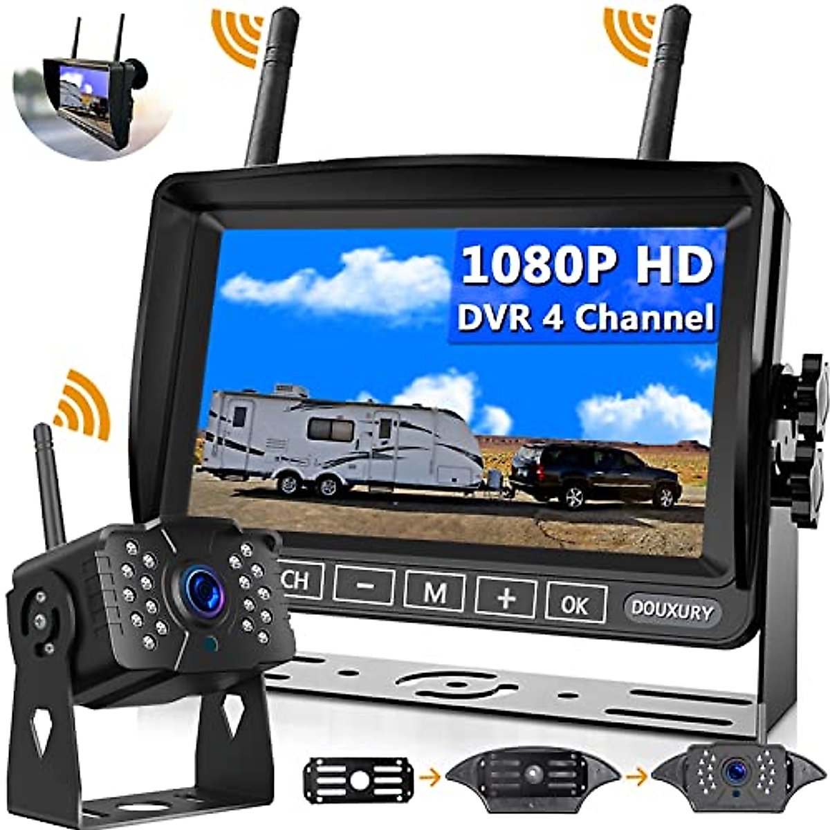 RV Wireless Backup Camera, DOUXURY IP69 Waterproof 170° Wide View Angle HD 1080P Backup Camera + HD LCD 7" Monitor, Digital Wireless Backup Camera System for Truck 5th Wheel Trailer Pickup Camper Bus