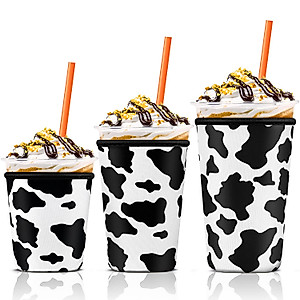 Iced Coffee Cup Sleeve for Large Sized Cups, Reusable Neoprene Iced Coffee Cup Holder for Hot Cold Drinks, Compatible with Starbucks, Dunkin Donuts, and More (3 PK Sm-Med-Lg, Cow)