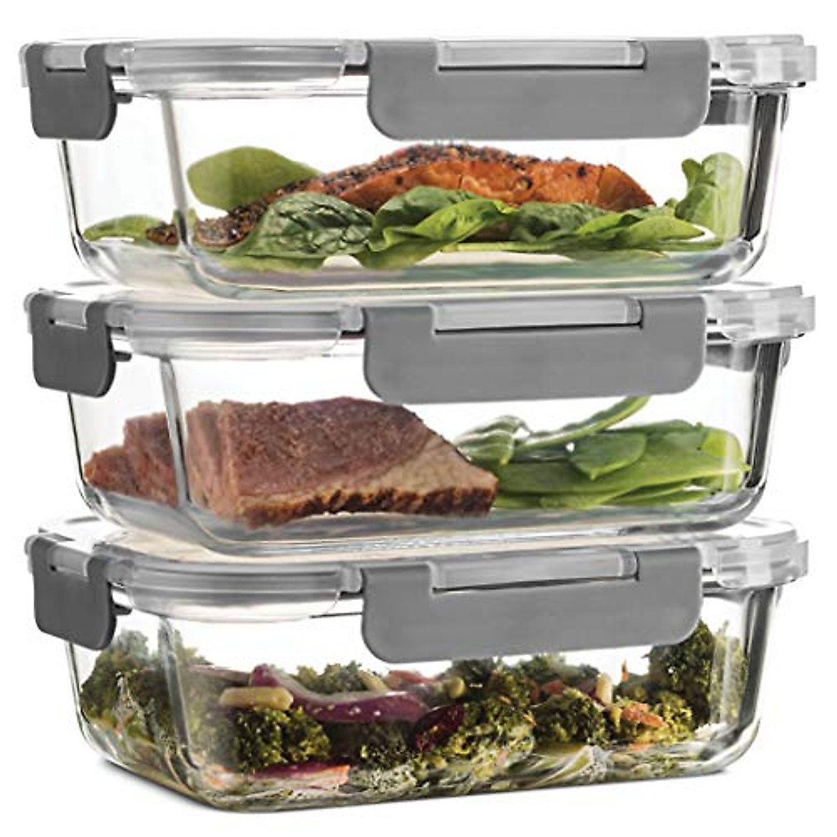 FineDine 6-Piece Superior Glass Food Storage Containers Set, 35oz Capacity - Newly Innovated Hinged Locking lids - 100% Leakproof Glass Meal-Prep Containers, Freezer-to-Oven-Safe (Grey)