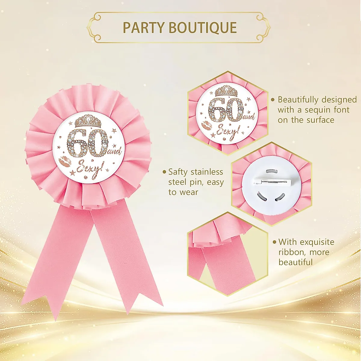 60 and Sexy Tinplate Badge Pin, It's My 60th Birthday Button Pin, Happy 60th Birthday Pink Rosette Badge Pin for Women, Brooch Buttons for Sixty Years Old Birthday Party