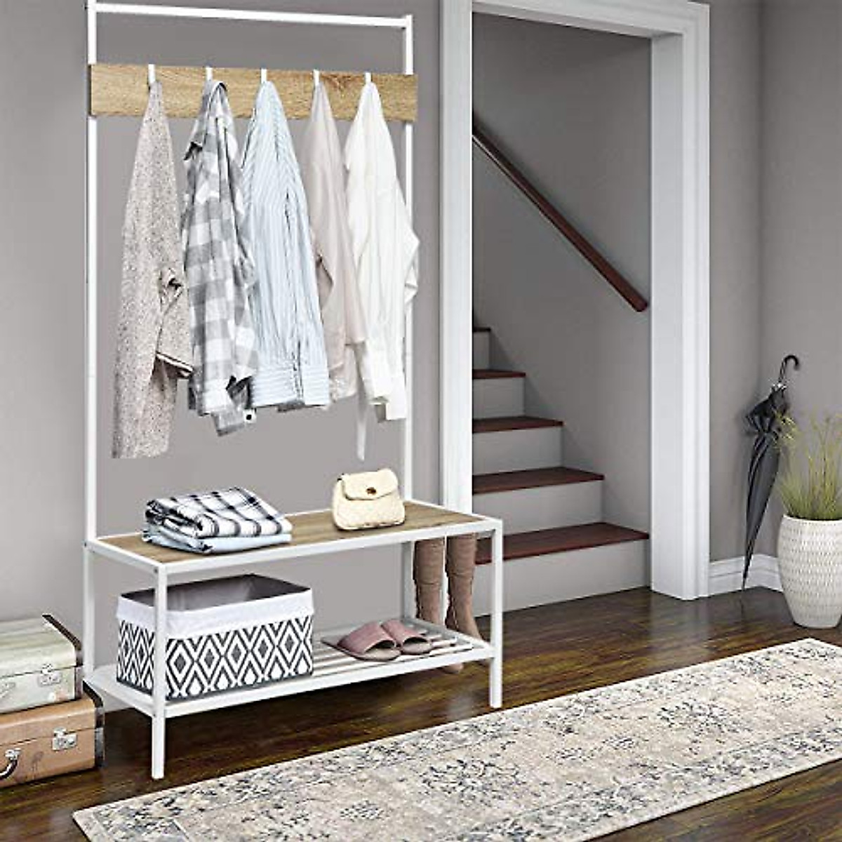 Tangkula Hall Tree with Bench and Shoe Storage, 3-In-1 Industrial Entryway Bench with Coat Rack, Wood Look Coat Rack Shoes Bench Storage Organizer for Home & Office, Coats/Hats/Shoes (Coffee)