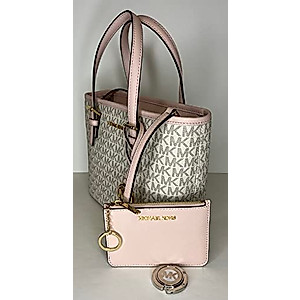 Michael Kors Jet Set Travel XS Carryall Convertible Top Zip Tote bundled with SM TZ Coinpouch and Purse Hook (Signature MK Vanilla/Pink)