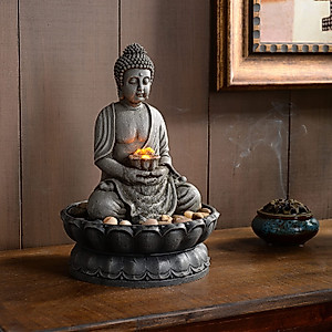 GOSSI 11.2 in Tall Indoor Tabletop Buddha Fountains Desk Water Fountain Sitting Buddha Fountain Zen Fountain w/ Reflective Lighting/Cobblestone Office and Home Decor