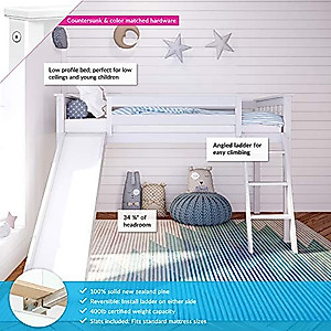 Max & Lily Low Loft Bed, Twin Bed Frame For Kids With Slide, White