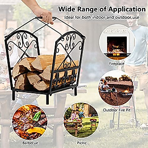 Goplus 14” Small Firewood Rack, Indoor Outdoor Decorative Firewood Storage Carrier Log Rack with Handles, Elegant Patterns & Raised Legs, Heavy Duty Firewood Holder for Fireplace, Fire Pit