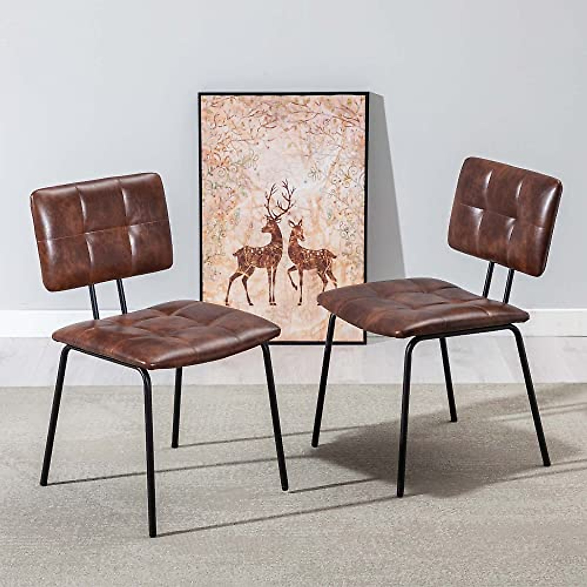 Duhome PU Leather Dining Chairs Set of 2, Breathable Faux Leather Upholstered Kitchen Chairs with Backrest, Metal Dining Chair Suitable for Dining Room Kitchen Counter Island Bar, Darkbrown