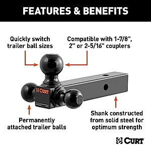 CURT 45650 Multi-Ball Trailer Hitch Ball Mount, 1-7/8, 2, 2-5/16-Inch Balls, Fits 2-Inch Receiver, 10,000 lbs