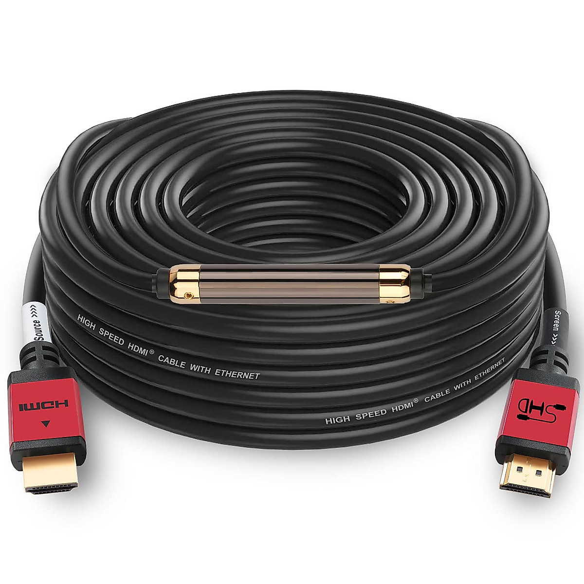 SHD 100 Feet HDMI Cable with Signal Booster, 100' HDMI Cord 2.0V Support 4K 3D 1080P for in-Wall Installation CL3 Rated Black Cable and Red Metal Shell