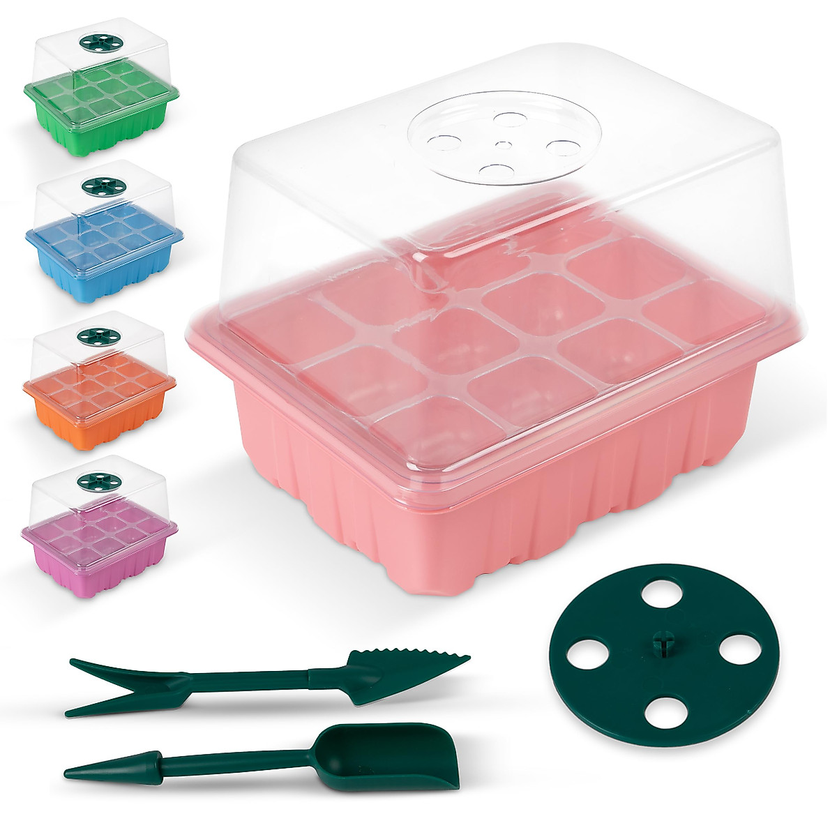 Trendily Inspired 10 Pack Seed Starter Kit with Humidity Dome, 120 Cell Germination Kit, Reusable Plant Sprouting Trays, 10 Colorful Growing Kits Greenhouse (5 Colors)