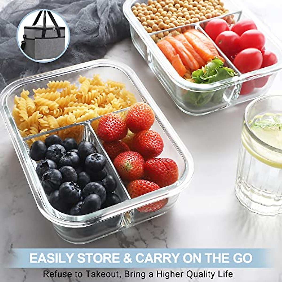Bayco 8 Pack Glass Meal Prep Containers 3 Compartment, Glass Food Storage Containers with Lids, Airtight Glass Lunch Bento Boxes, BPA-Free & Leak Proof (8 lids & 8 Containers)