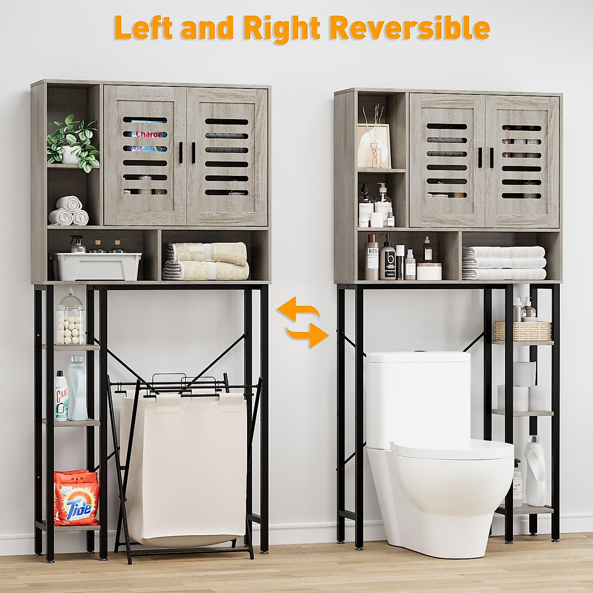 APPOLYN Over The Toilet Storage Cabinet with Shelves and Double Doors, Bathroom Shelf Over Toilet with Storage Compartment, Adjustable Side Storage Shelf, Freestanding Bathroom Storage Rack, Oak