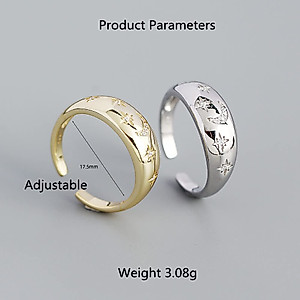 Dome CZ Star Moon 925 Sterling Silver Statement Ring for Women Girls Expandable Adjustable Chunky Wide Open Band Rings Comfort Fit Jewelry (Gold Plated)