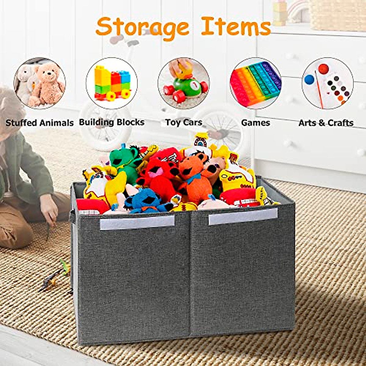 hibobi Large Toy Box with Double Flip-Top Lid, Collapsible Sturdy Toy Chest Storage Bins with Handles, Toy Storage Organizer for Kids Boys Girls Nursery,Playroom,Bedroom, 24.5"x13"x16", Gray