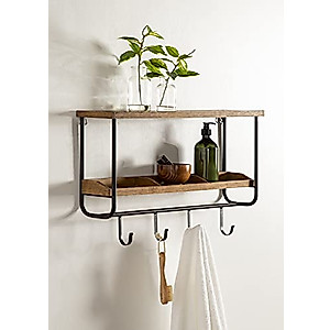 Kate and Laurel Oddell Farmhouse Wall Shelf with Hooks, 24 x 6 x 15, Rustic Brown, Modern Decorative Two-Tier Shelf