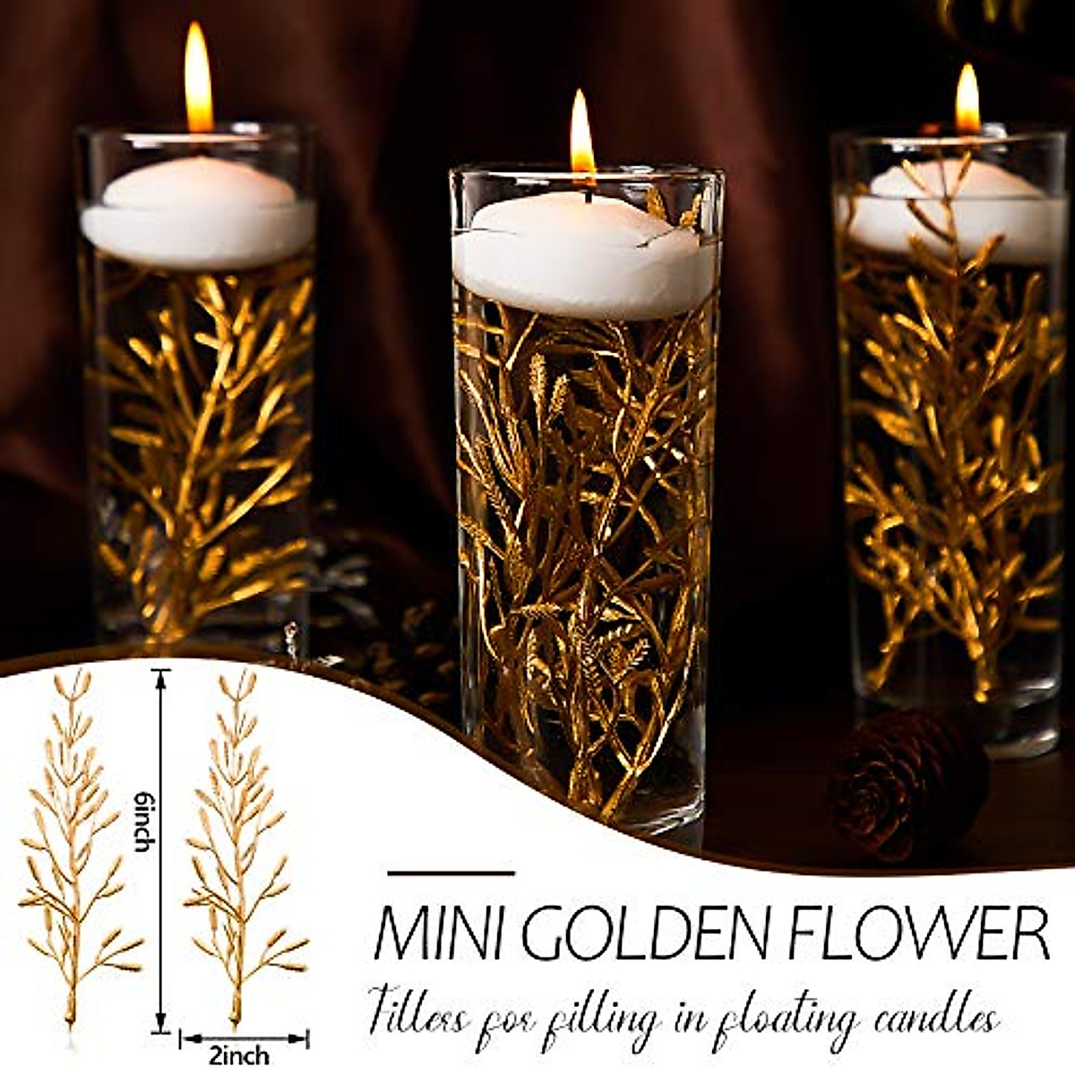 50 Pieces Faux Flowers for Floating Candles Floating Flowers Vase Fillers for Centerpieces Mini Flower Filling in Cylinder for Vases Filler Wedding Party Decor (Gold)