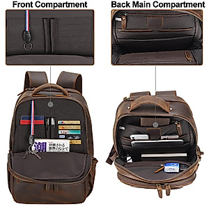 Masa Kawa Full Grain Leather 15.6” Laptop Backpack for Men Vintage Large Travel Rucksack Bag School Bookbag Daypack