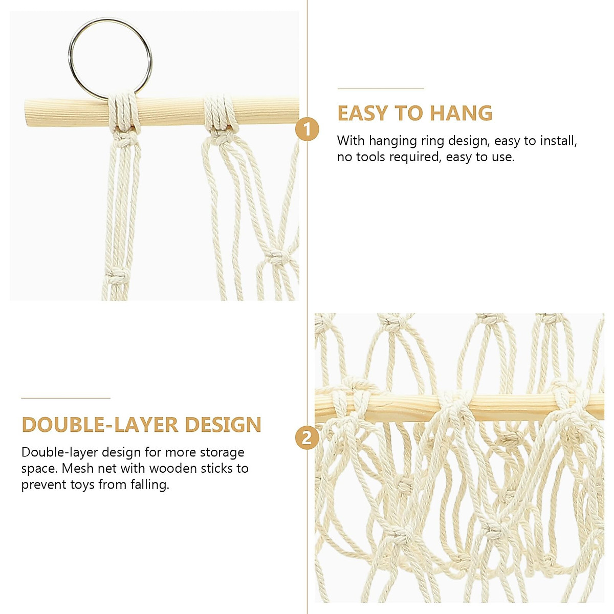 Toyvian Double Layer Hammock for Plush Toy, Macrame Net Tapestry Storage Rack Bookshelf Hammock Decorative Wall Hanging Stuffed Animal Hammock, White Household Wooden Stick Storage Net Bag