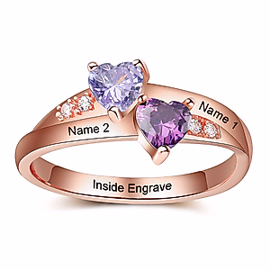 Personalized Promise Rings for Her Mother Rings with 2 Simulated Birthstones Custom Couples Name Ring for Women Rose Gold