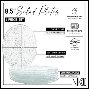 Vikko Salad Plate, Set of 6 Glass Plates, 8.5 Inch Dessert, Salad, Appetizer Plate, Elegant Textured Glass Design, Stackable Plates, Dishwasher Safe