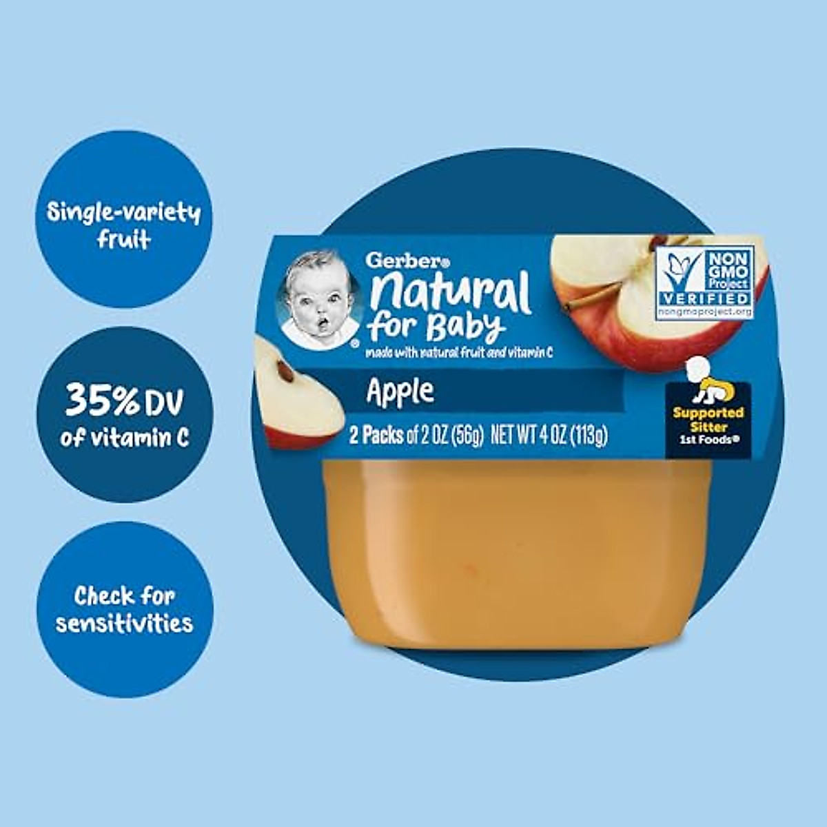 Gerber 1st Foods Baby Food, Apple Puree, Natural & Non-GMO, 2 Ounce Tubs, 2-Pack (Pack of 8)