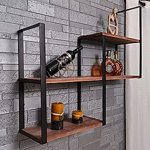 Industrial Shelves,3 Tier Brown Solid Wood Wall Mounted Tall Bookshelf,Open Shelf with Stable Black Metal Frame,Rustic Floating Storage Rack Suitable for Bedroom,Study,bar.ZHOYUEXIN