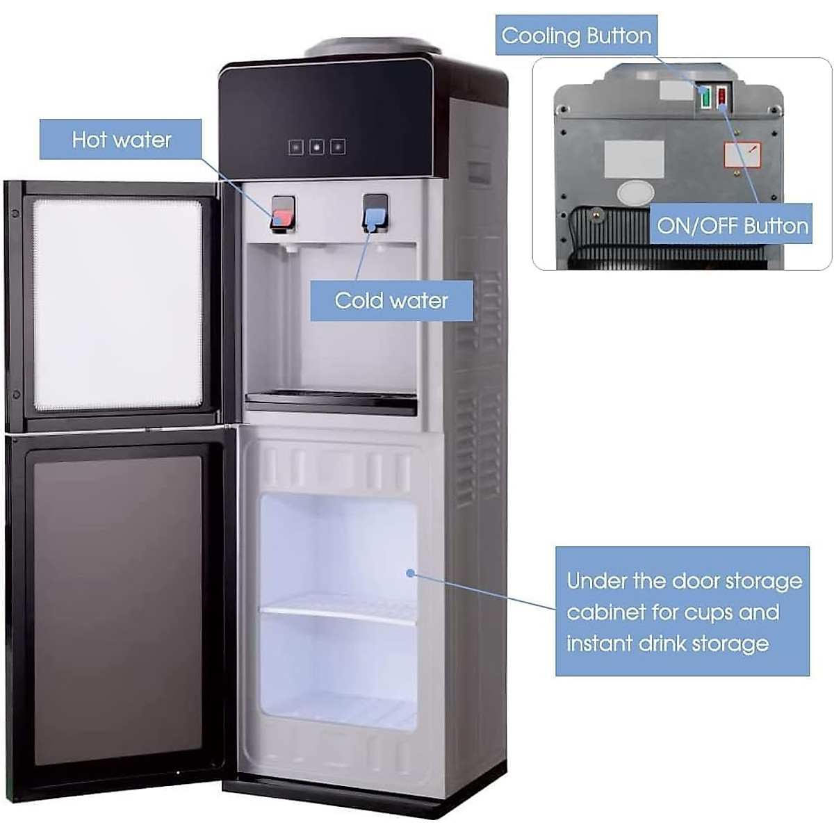 Top Loading Water Cooler Dispenser - 5 Gallon Hot & Cold Water, Child Safety Locker - 3 Temperature with Hot, Room & Cold Spouts, Suitable for Home Office