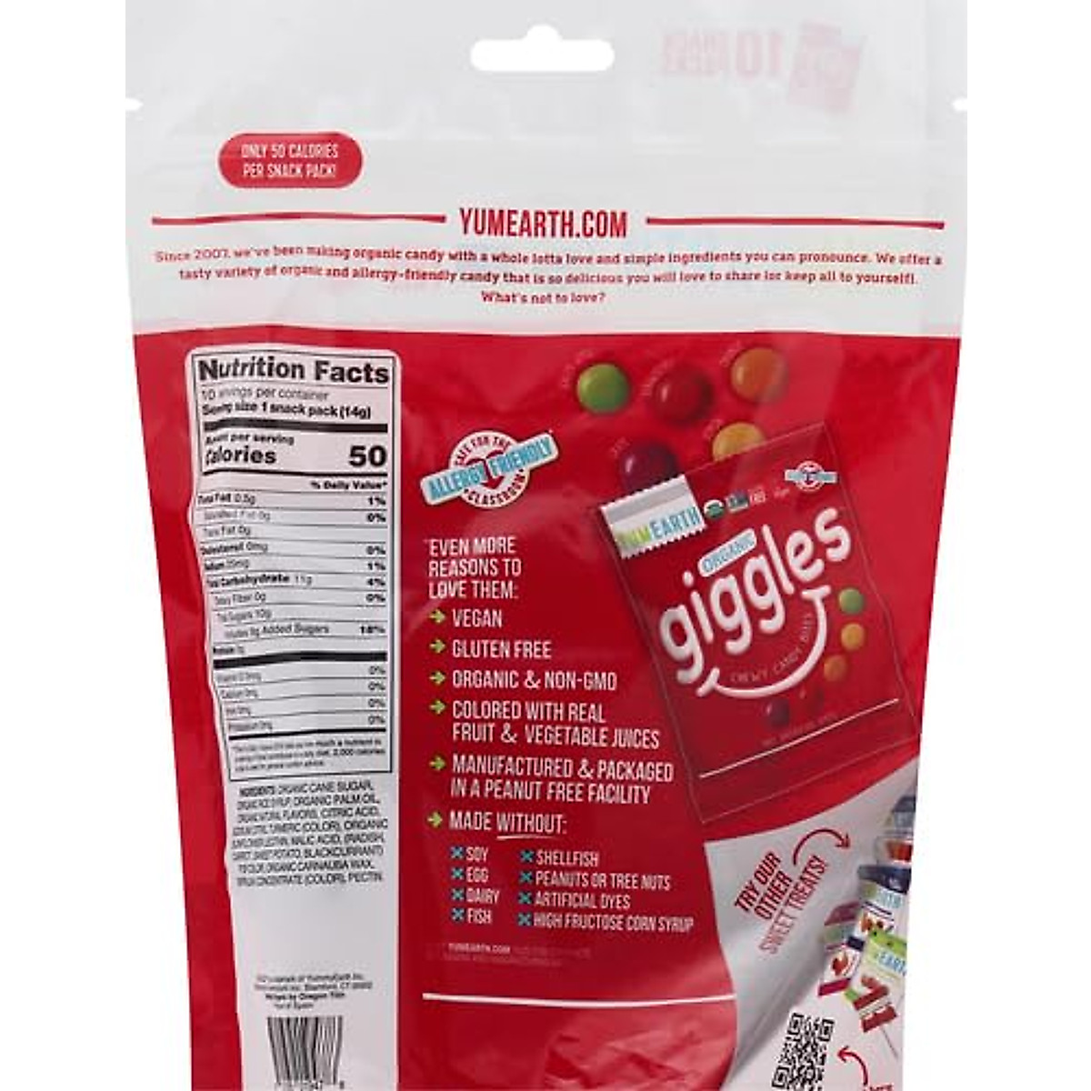 YumEarth Organic Giggles Chewy Candy - Allergy Friendly (Top 9 Free), No Artificial Dyes or Flavors, Non GMO, Gluten Free, Vegan - Individually Wrapped Fruity Snack Packs - 0.5 Ounce (Pack of 10)