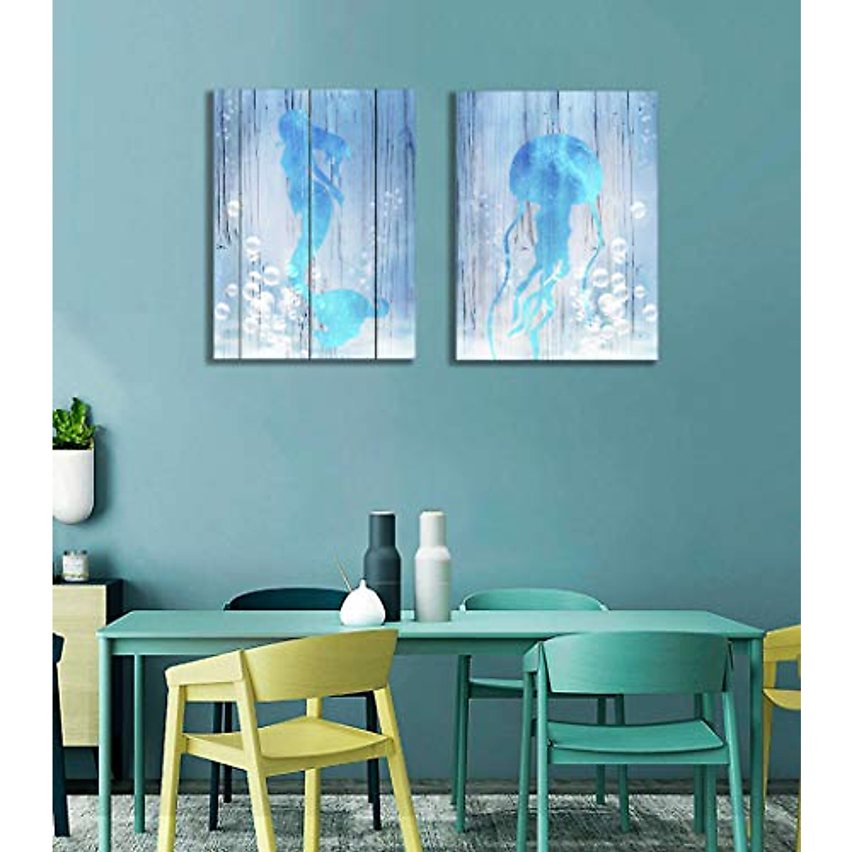 USIXA Mermaid Wall Decor for Bathroom and Girls Room with Set of 2 Panels, Blue Jellyfish Canvas Artwork 12x16 Inches in Wooden Frame