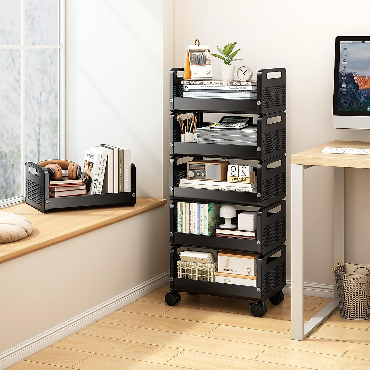 5 Tier Rolling Cart, Stackable Metal Kitchen Storage Cart with Wheels, Black